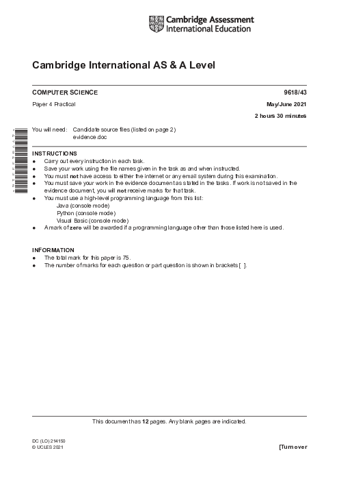 Cambridge AS & A Level Computer Science 9618/41 May June 2021 past paper | Gamatrain