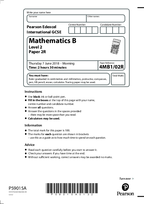 Edexcel IGCSE Mathematics (B) 4MB1/02R May June 2018 past paper | Gamatrain