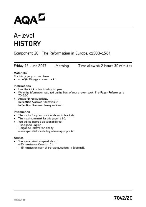 History 7042 Paper 2C June 2017, AQA A Level Past Papers with Mark ...