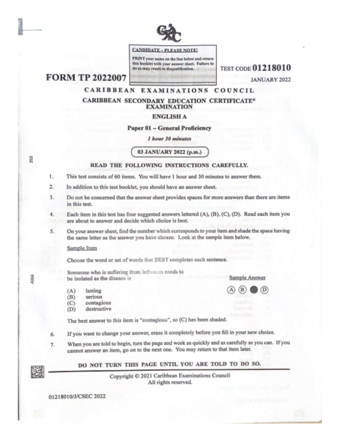 CXC CSEC English A January 2022 Paper 1 past paper | Gamatrain