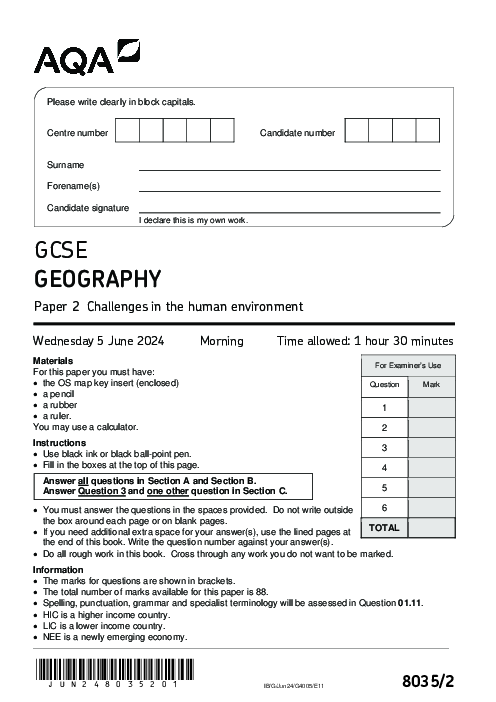 AQA GCSE Geography 8035/2 June 2024 past paper | Gamatrain