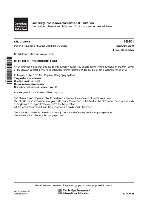Cambridge AS & A Level Geography 9696/13 May June 2019 past paper ...