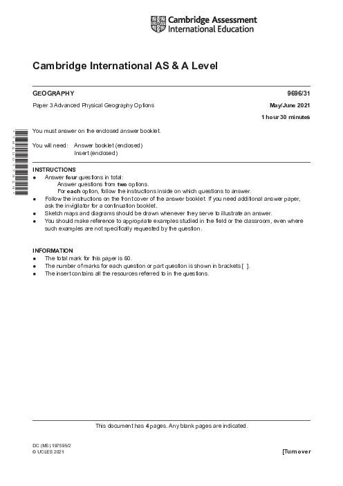 Cambridge AS & A Level Geography 9696/33 May June 2021 past paper ...