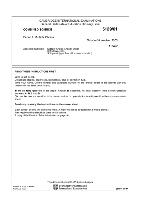 Cambridge O-Level Science Combined 5129/02 May June 2003 past paper ...